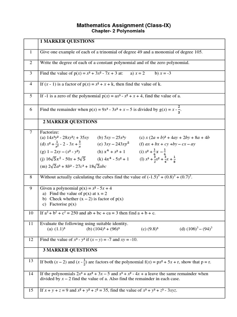 Class IX Polynomials Assignment Guide | PDF | Factorization ...