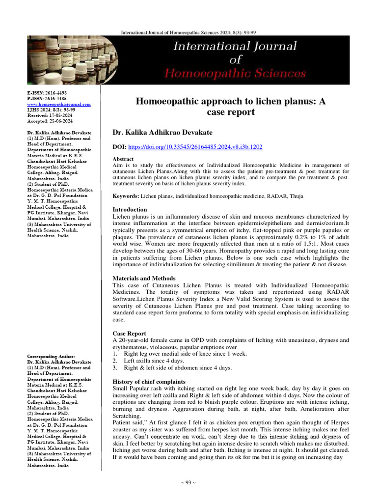 Homoeopathic Approach To Lichen Planus: A Case Study by Dr. Kalika ...