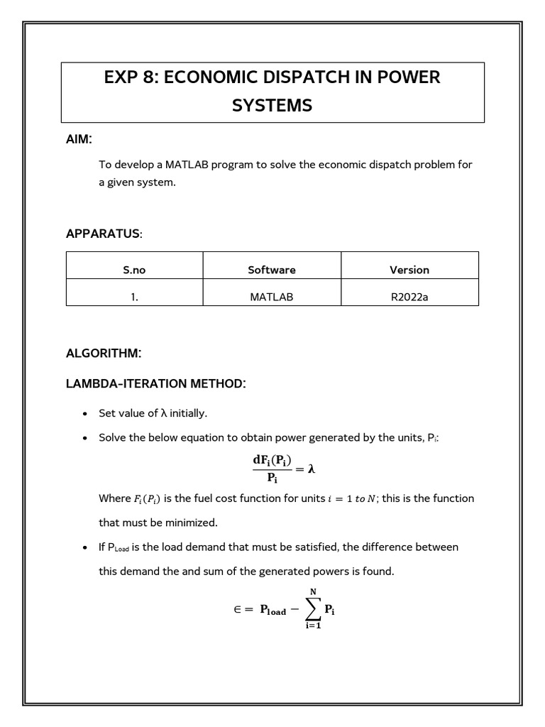 Experiment 8 - Economic Dispatch | PDF