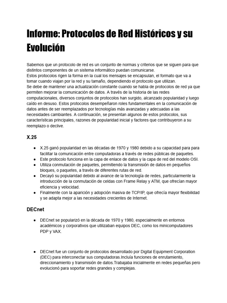 Informe - Protocolos de Red Históricos y Su Evolución | PDF | Red de computadoras | Modelo osi