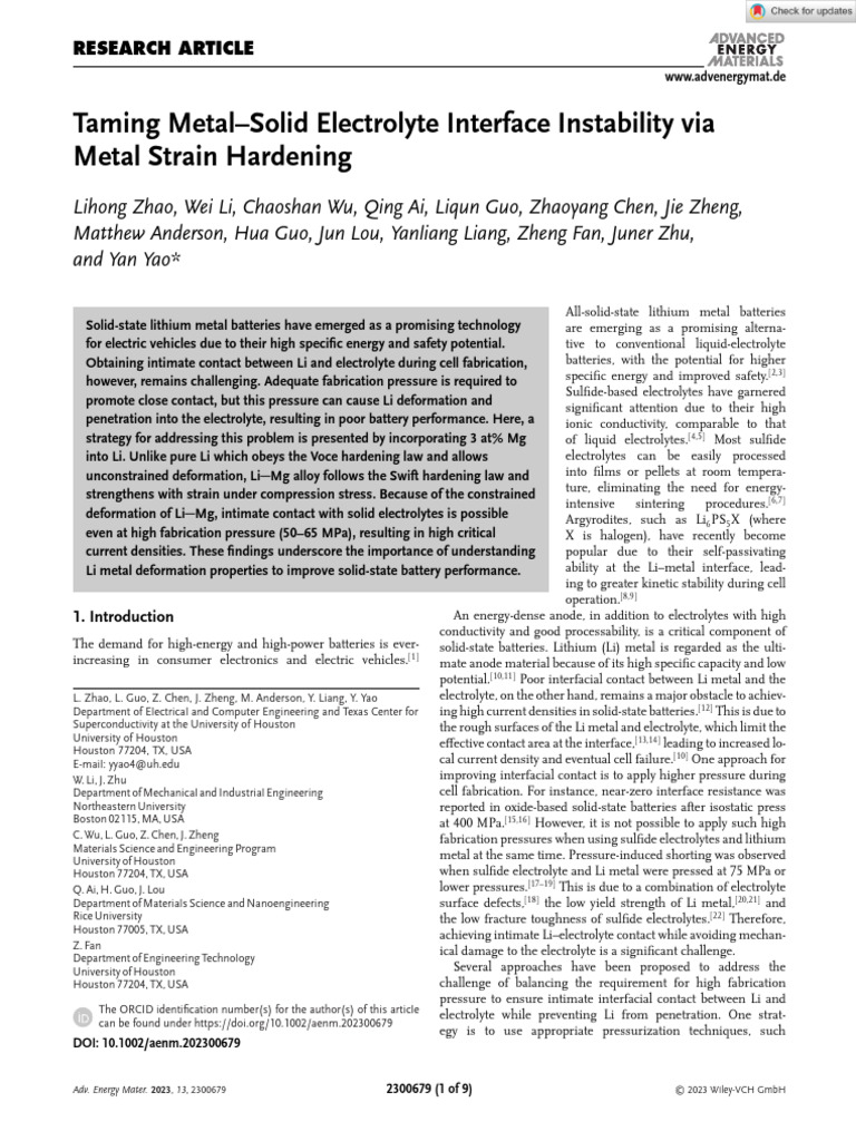 Advanced Energy Materials - 2023 - Zhao - Taming Metal Solid Electrolyte Interface Instability ...