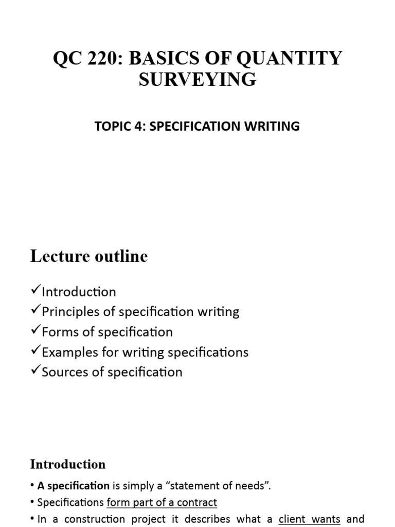 Specification Writing in Quantity Surveying | PDF | Specification ...