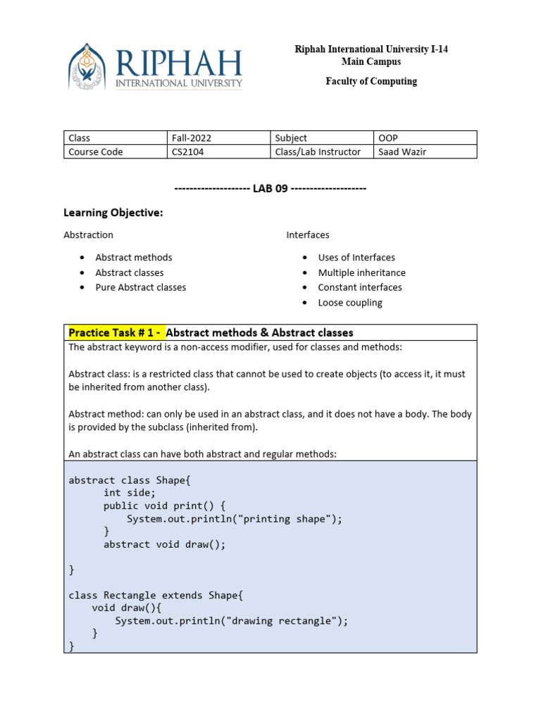 Oop Lab 9 Practice Tasks | PDF | Class (Computer Programming) | Method ...