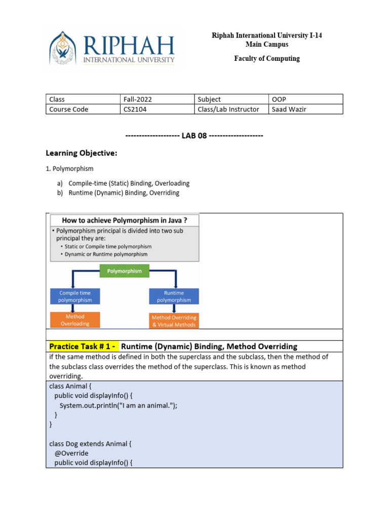 Oop Lab 8 Practice Tasks Pdf Method Computer Programming Inheritance Object Oriented