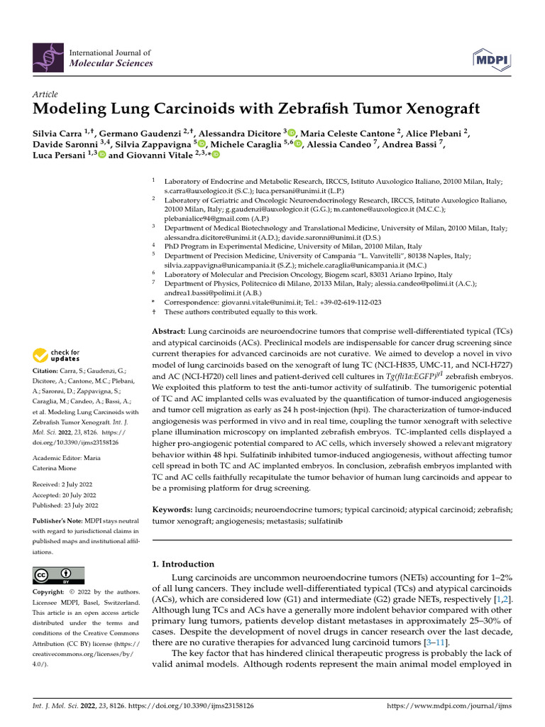 Modeling Lung Carcinoids With Zebrafish Tumor Xeno | PDF | Cancer | Biology