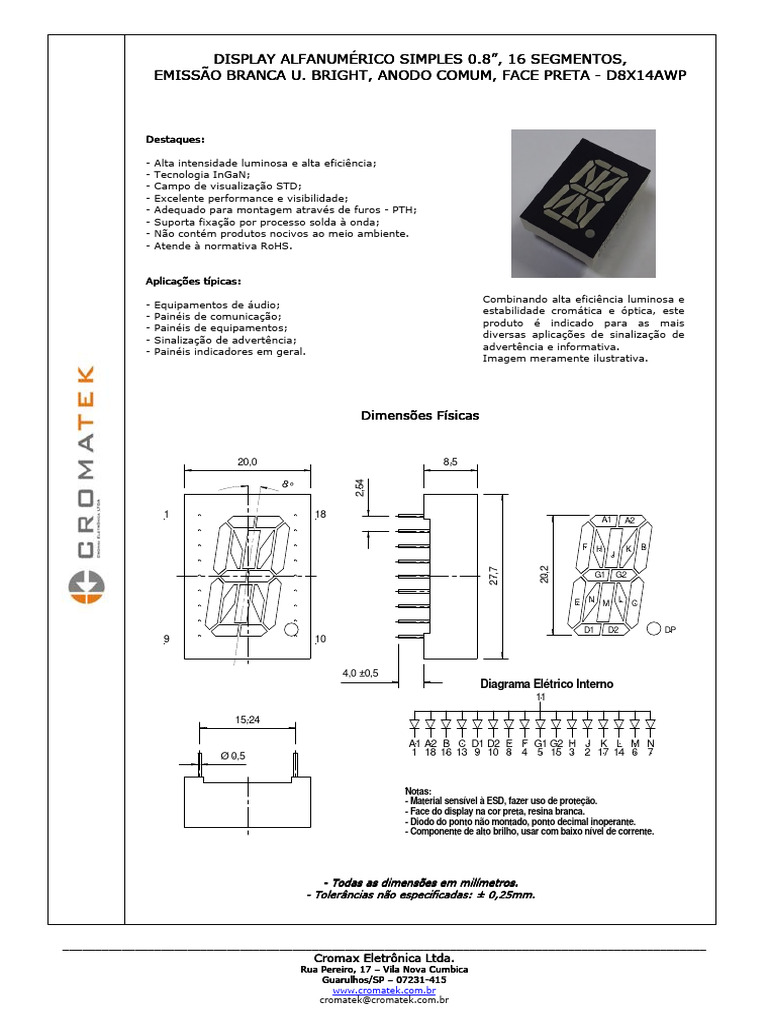 Display Led 16 Segmentos Alfanumerico Branco Anodo Comum D8X14AWP | PDF ...