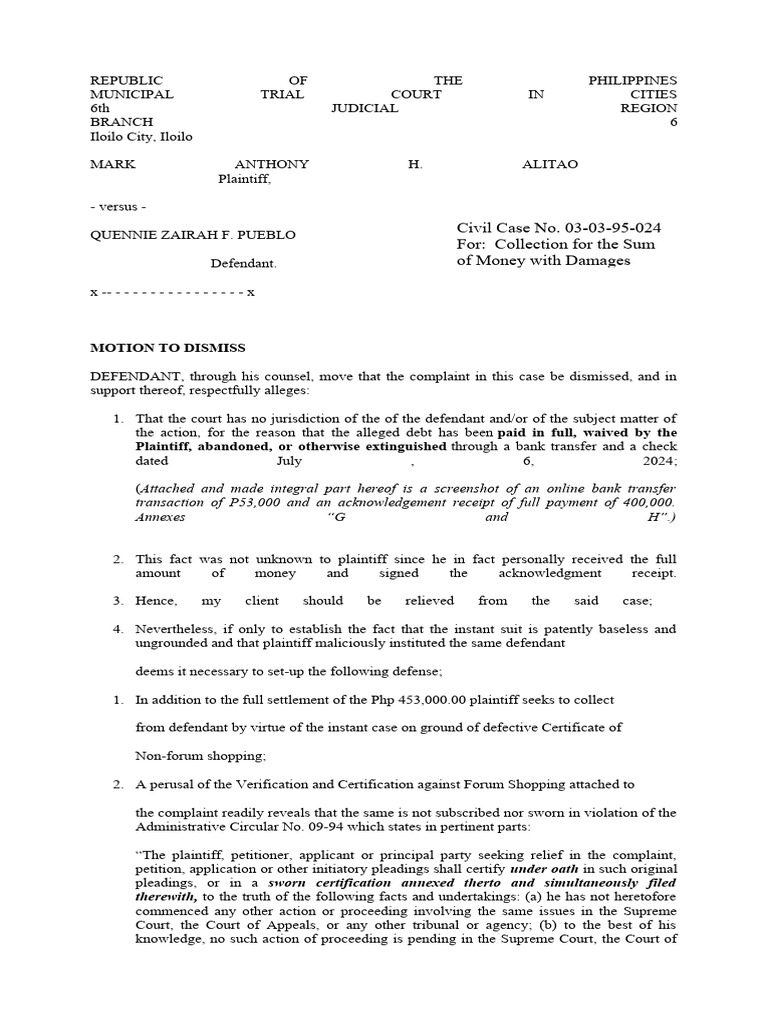 Motion To Dismiss Alitao | PDF | Pleading | Complaint