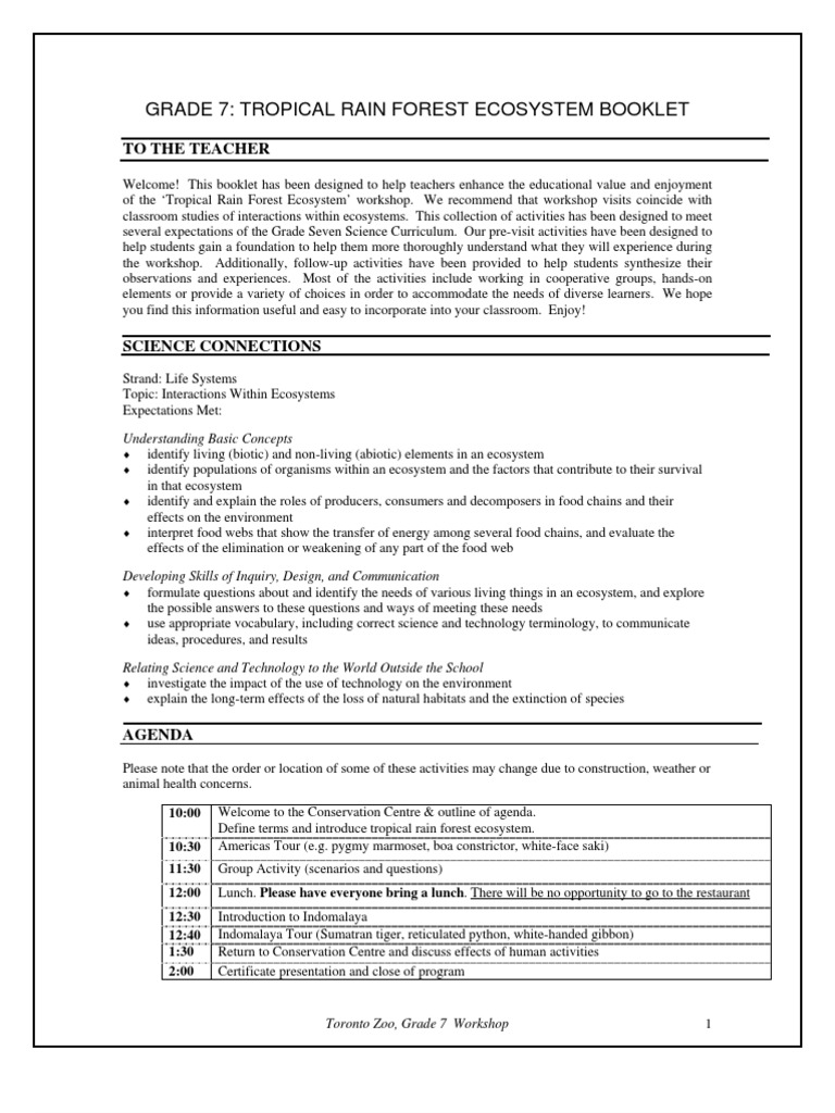 Grade 7: Tropical Rain Forest Ecosystem Booklet: To The Teacher | PDF ...