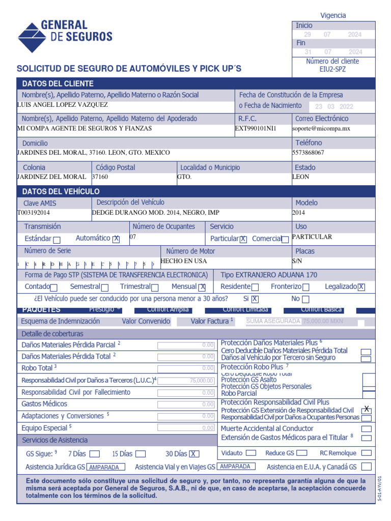 S 01 AYV - Solicitud - Seguro - de - Autos 29 07 2024 | PDF | Póliza de seguros | Seguro