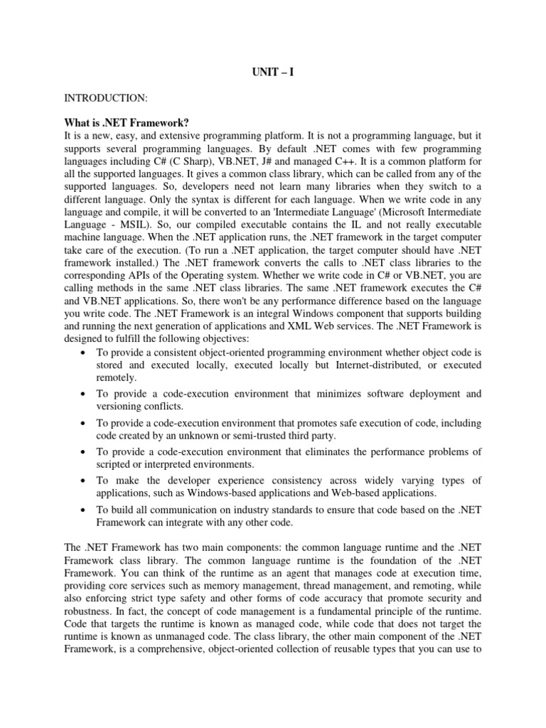 UNIT-I Dotnet (2018) | PDF | C Sharp (Programming Language) | Java (Programming Language)