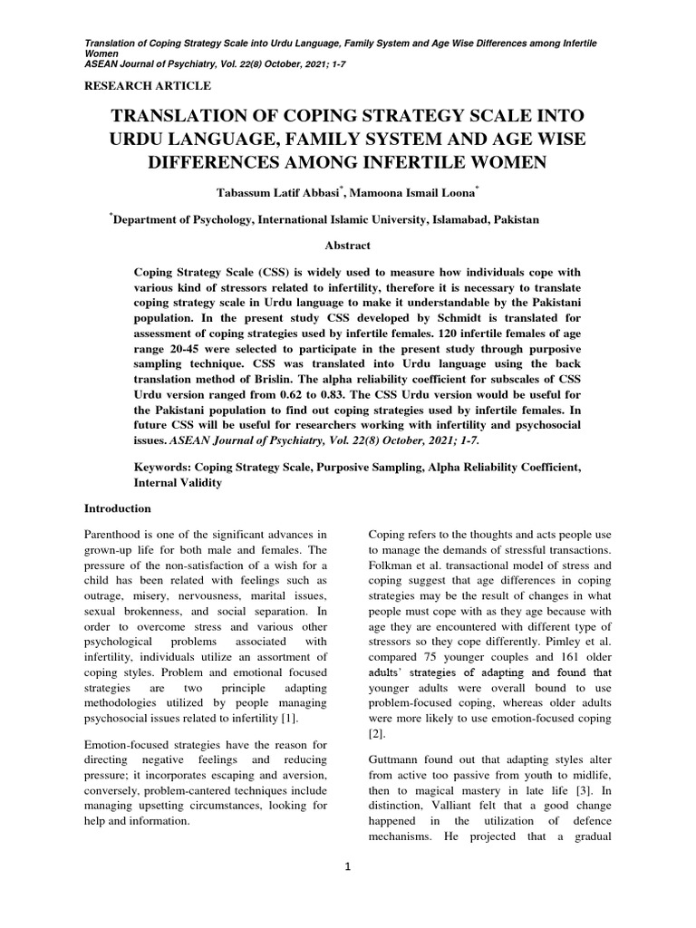 Translation of Coping Strategy Scale Into Urdu Language Family System and Age Wise Differences ...