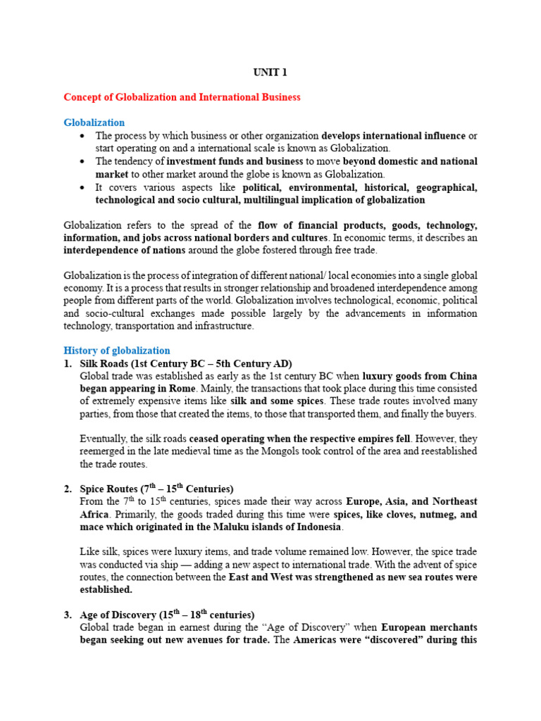 UNIT 1 - Concept of Globalization and International Business | PDF | Globalization | Exports