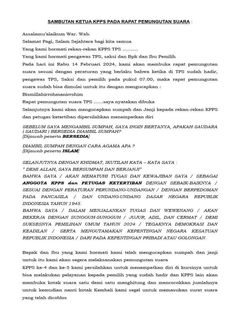 SAMBUTAN KETUA KPPS PADA RAPAT PEMUNGUTAN SUARA DAN Sumpah | PDF | Ilmu Sosial | Hukum