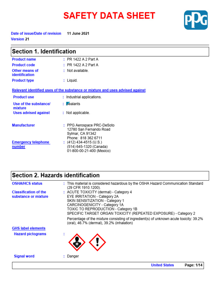 PR 1422 A 2 Part A Safety Data Sheet | PDF | Toxicity | Chemical Substances