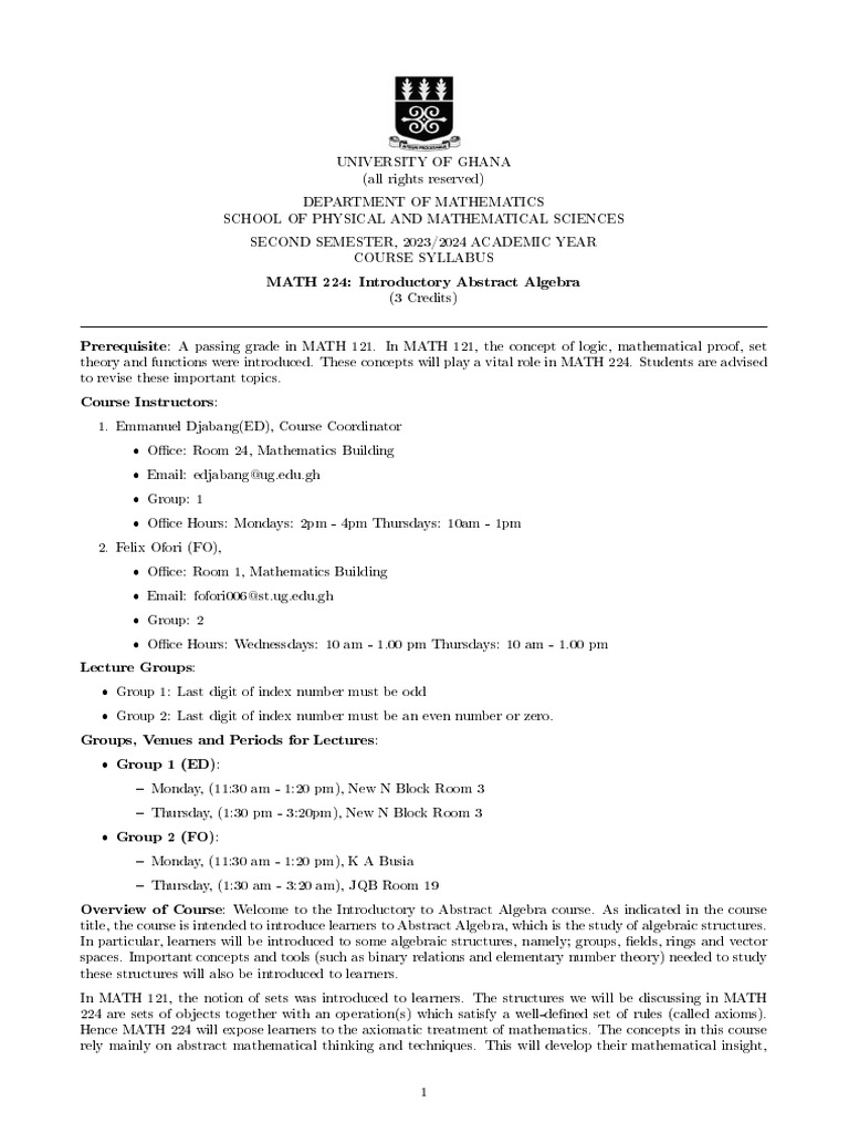 Introductory Abstract Algebra Course Outline | PDF | Group (Mathematics ...