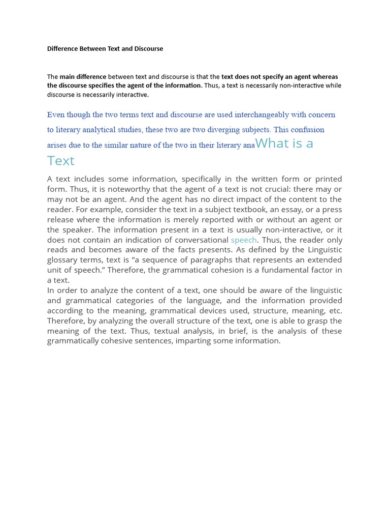 Difference Between Text and Discourse | PDF | Discourse | Communication
