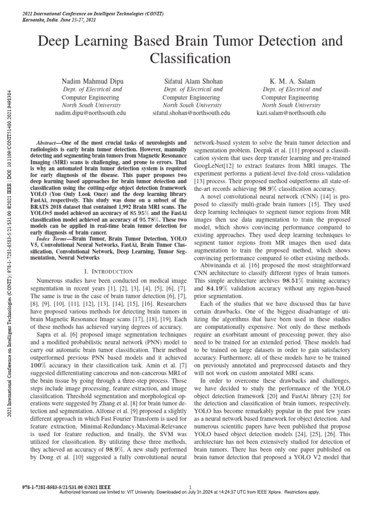Deep Learning Based Brain Tumor Detection and Classification | PDF | Deep Learning | Image ...