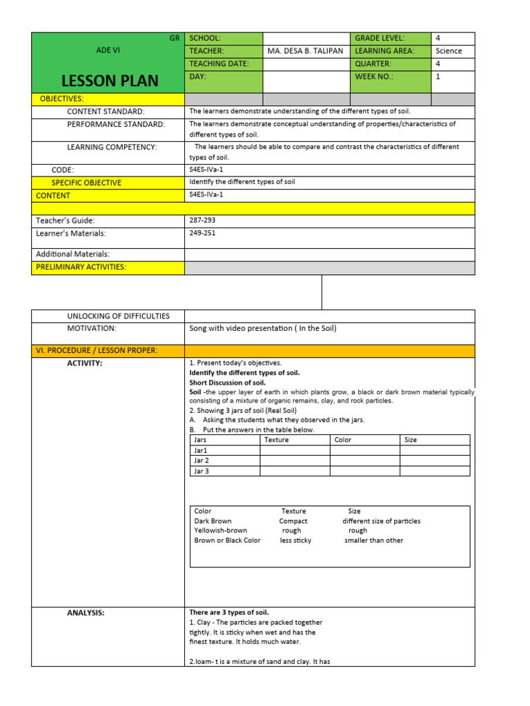 GRADE 4 Lesson Plan Science | PDF | Soil | Clay