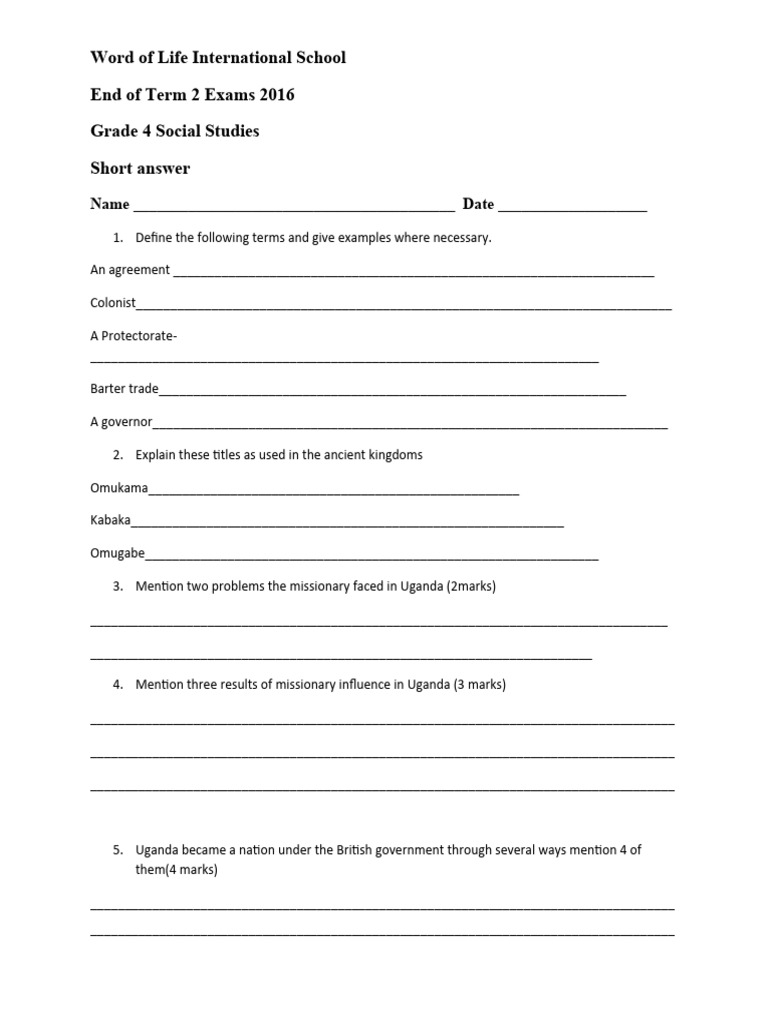 Grade 4 SST Short Answer and Charts End of Term 2 2016 | PDF | Uganda