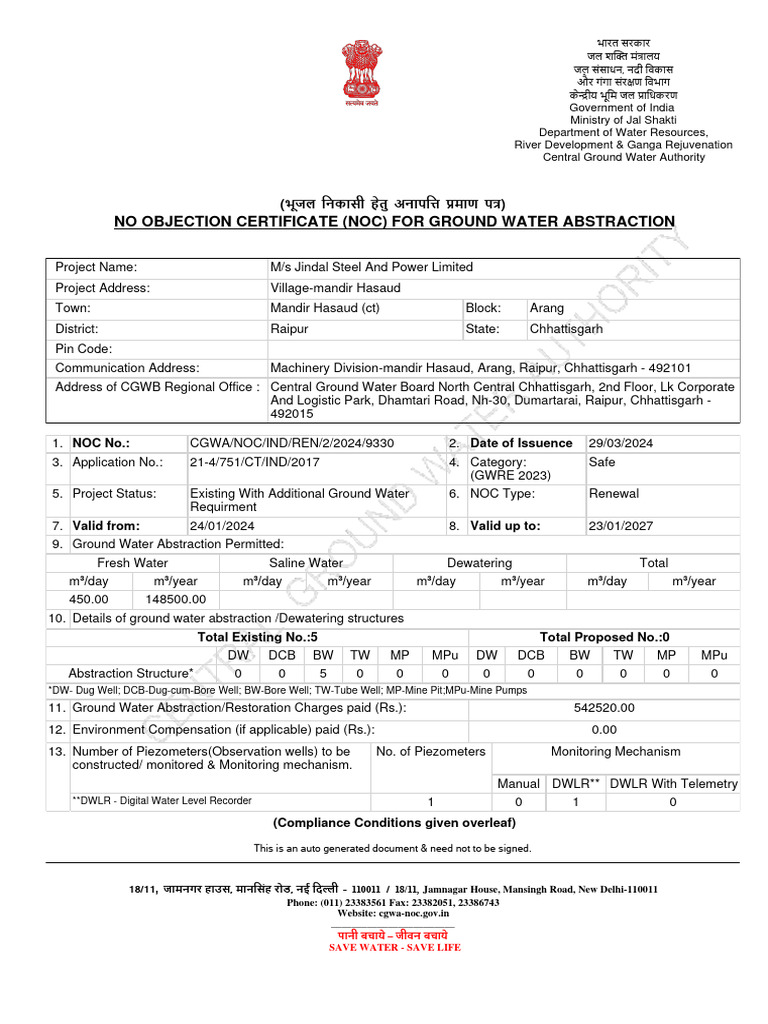NOC For Ground Water Abstraction | PDF | Groundwater | Water