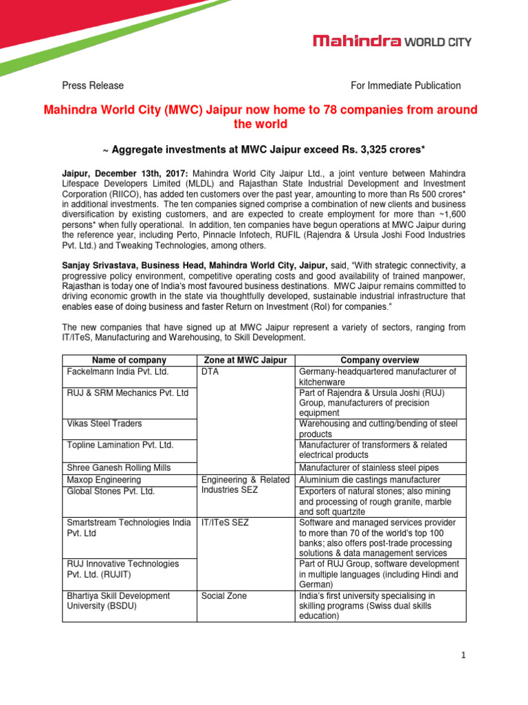 Mahindra World City MWC Jaipur Now Home To 78 Companies From Around The World 13 12 2018 | PDF ...