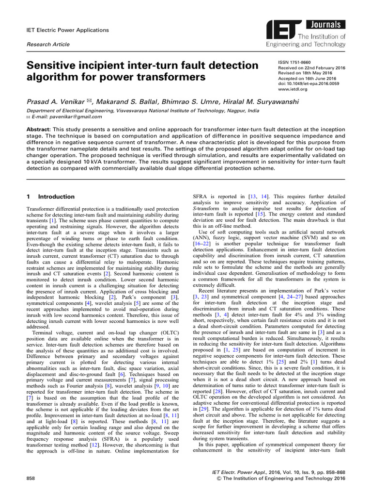 IET Electric Power Appl - 2016 - Venikar - Sensitive Incipient Inter Turn Fault Detection ...