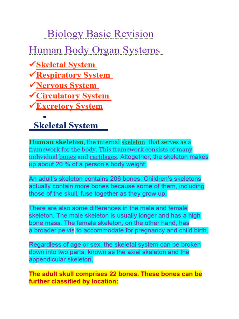 Biology Basic Revision - Skeleton - System | PDF