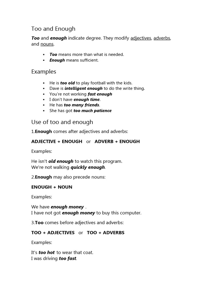 Too and Enough | PDF