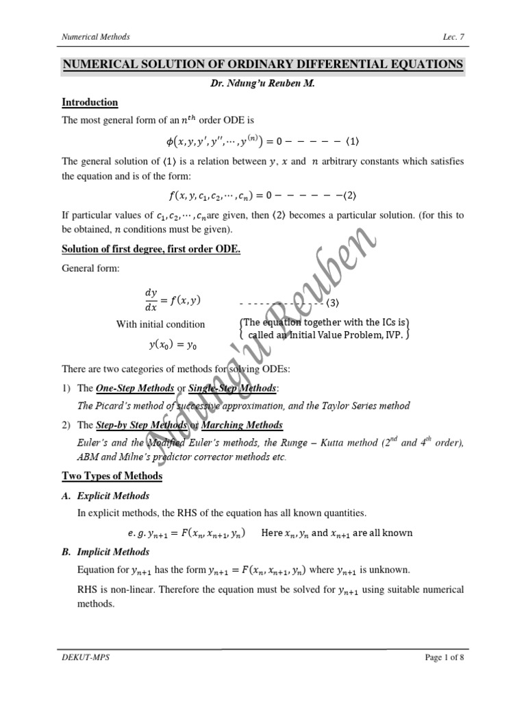 Sma 3261 Lecture 7 Numerical Odes Pdf Ordinary Differential