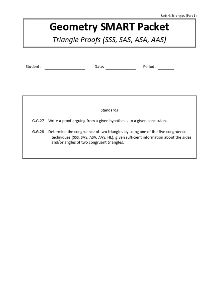 Geometry SMART Packet: Triangle Proofs (SSS, SAS, ASA, AAS) | PDF ...