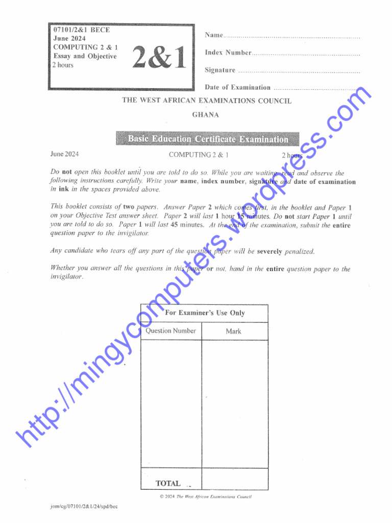 Ghana BECE 2024 Computing Exam Paper | PDF | Computer File | Printer ...