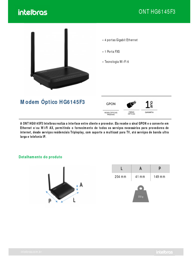 Datasheet Ont hg6145f3 PT | PDF | Ethernet | Wi-Fi
