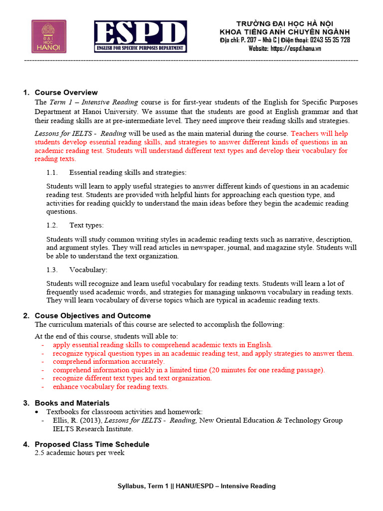 Intensive Reading Course Overview | PDF | Vocabulary | Teachers