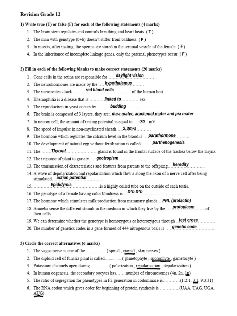 Revision Sheet For Grade 12 (Solved) | PDF | Hormone | Biology