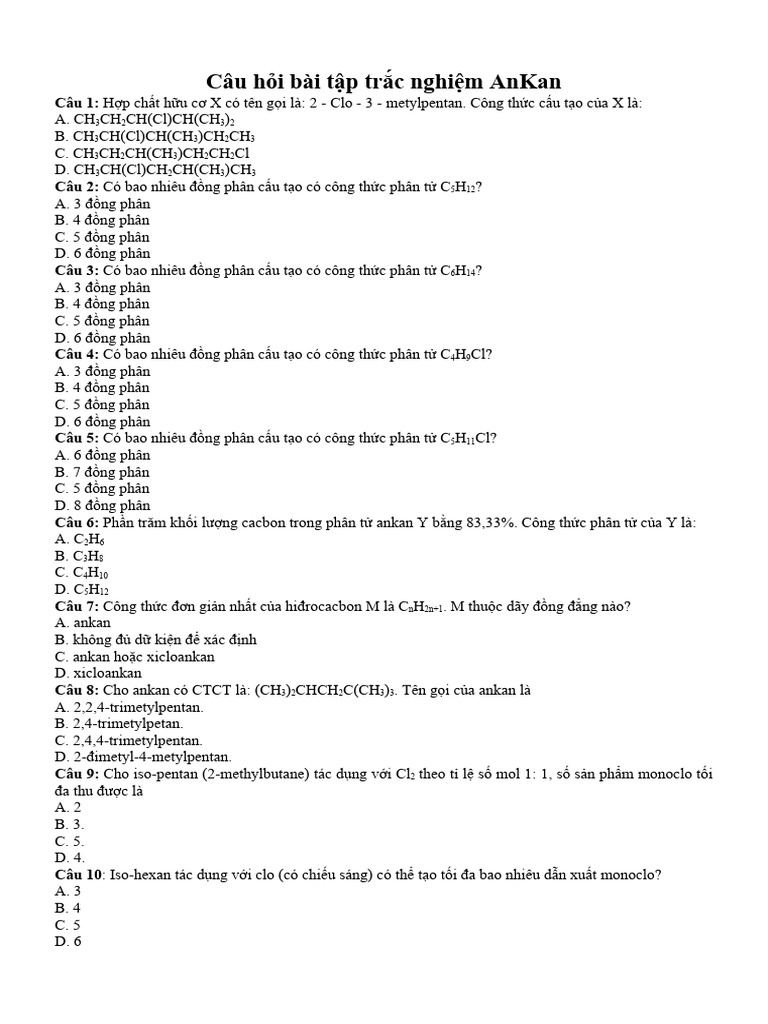 Câu hỏi bài tập trắc nghiệm AnKan | PDF