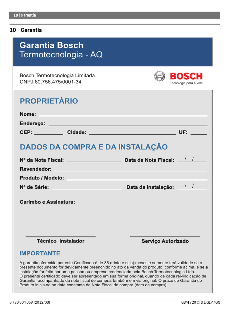 Certificado de Garantia Aquecedor Bosch GWH 720 | PDF | Recibo