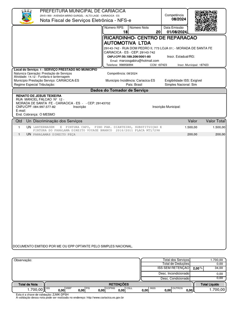 Nota Ricardinho Auto Center Irhmblojfnswbjwguwed | PDF
