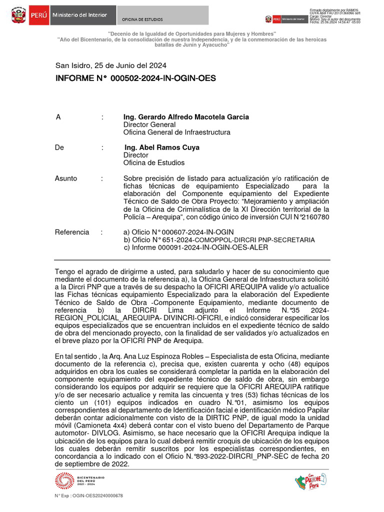 Informe N.°000502-2024-IN-OGIN-OES | PDF