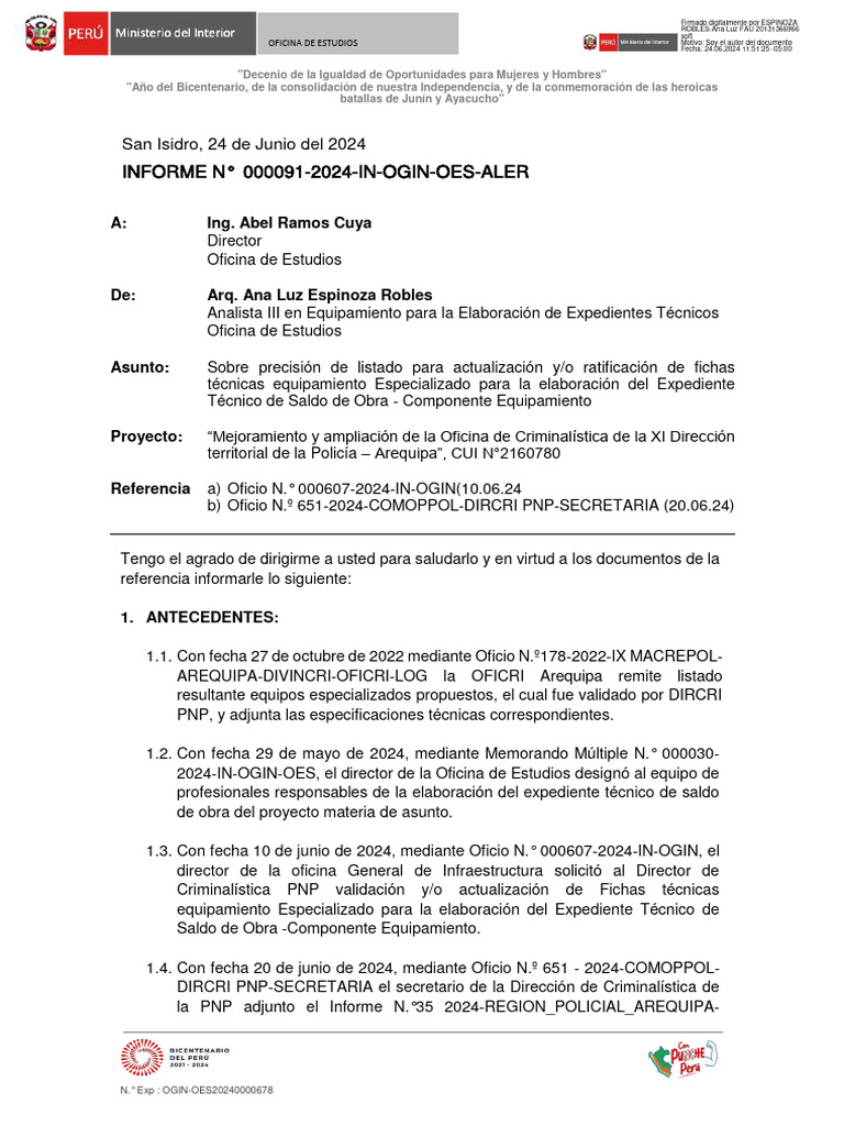 Informe N.°000091-2024-IN-OGIN-OES-ALER | PDF | Laboratorios