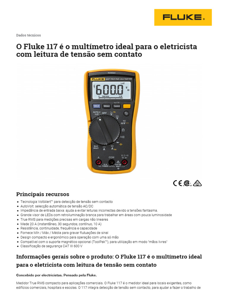 Ficha Tecnica - Fluke 117 | PDF | Engenharia Elétrica | Eletricidade