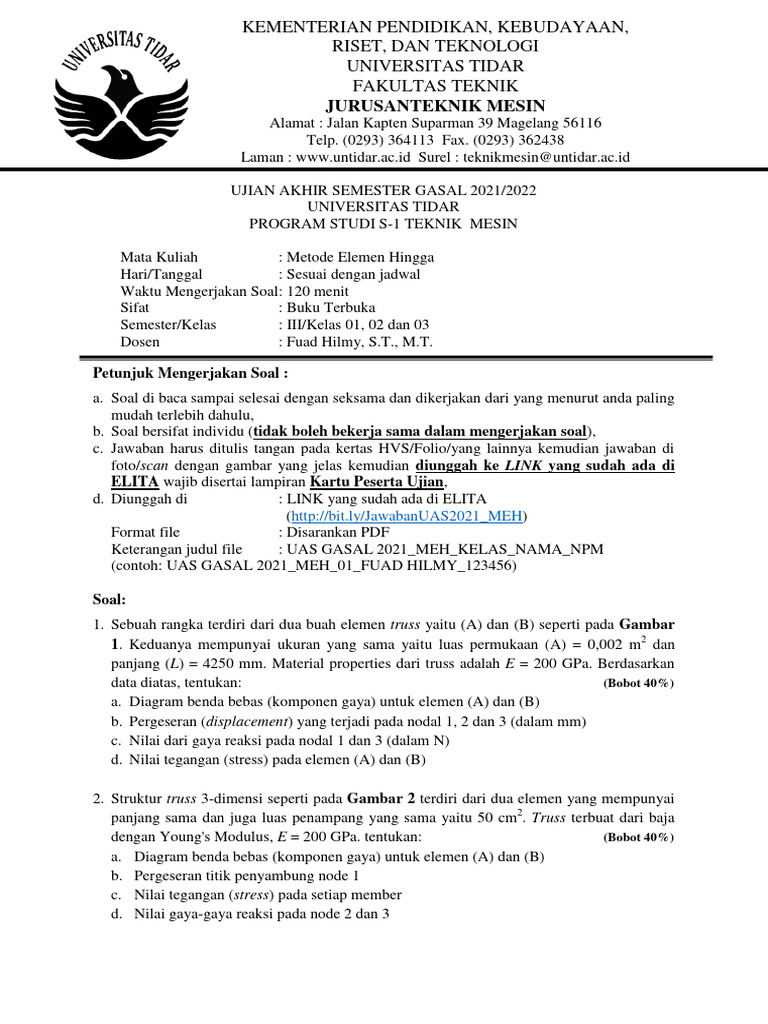 Soal UAS Gasal 2021-2022 - Metode Elemen Hingga | PDF | Metode & Bahan Ajar | Teknologi & Rekayasa