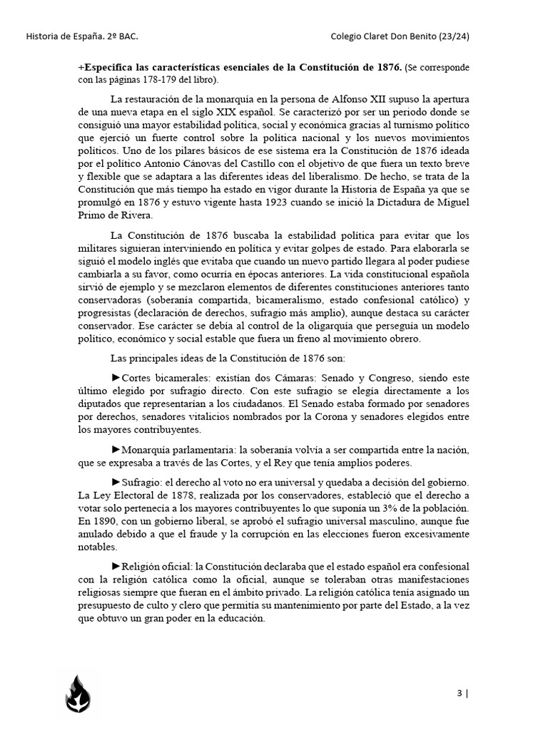 Bloque VII. Características Esenciales Constitución 1876 | PDF | España ...