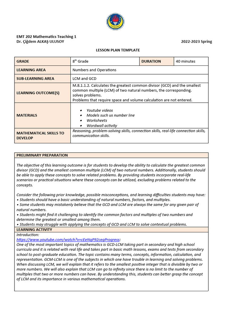 EMT 202 - Lesson Plan Template LCM and GCD | PDF | Cognition | Learning