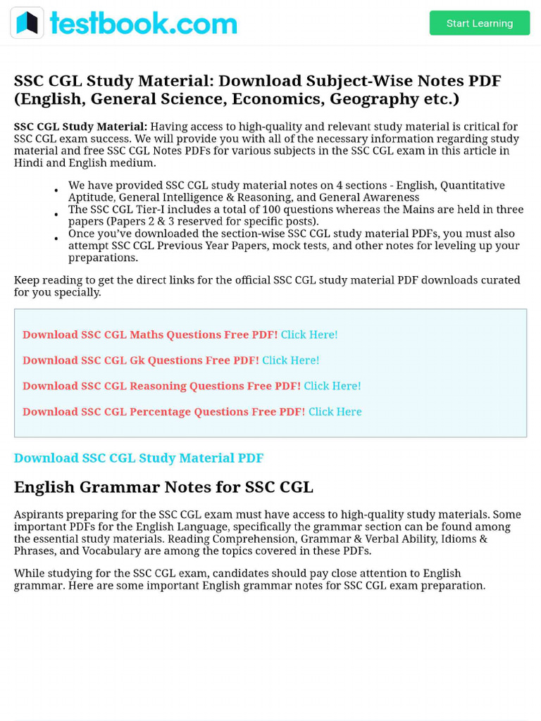 SSC CGL Study Material - Download Subject-Wise Notes PDF (English ...