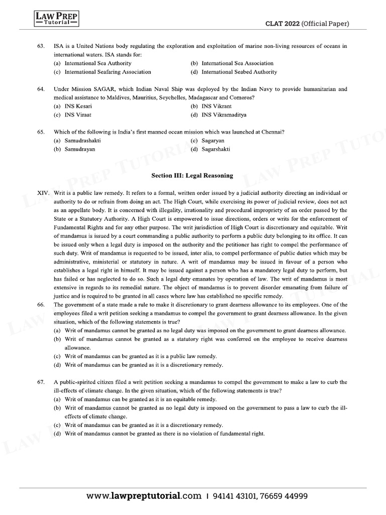 CLAT 2022 Official Question Paper | PDF