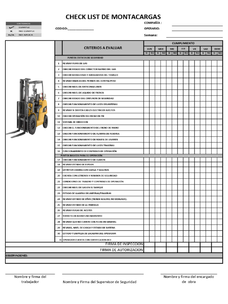 Check List Montacargas Pdf