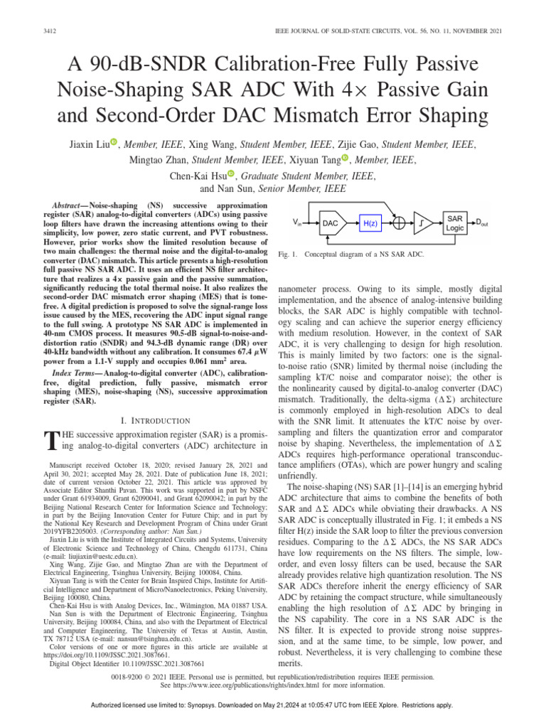 A 90-dB-SNDR Calibration-Free Fully Passive Noise-Shaping SAR ADC With 4 Passive Gain and Second ...