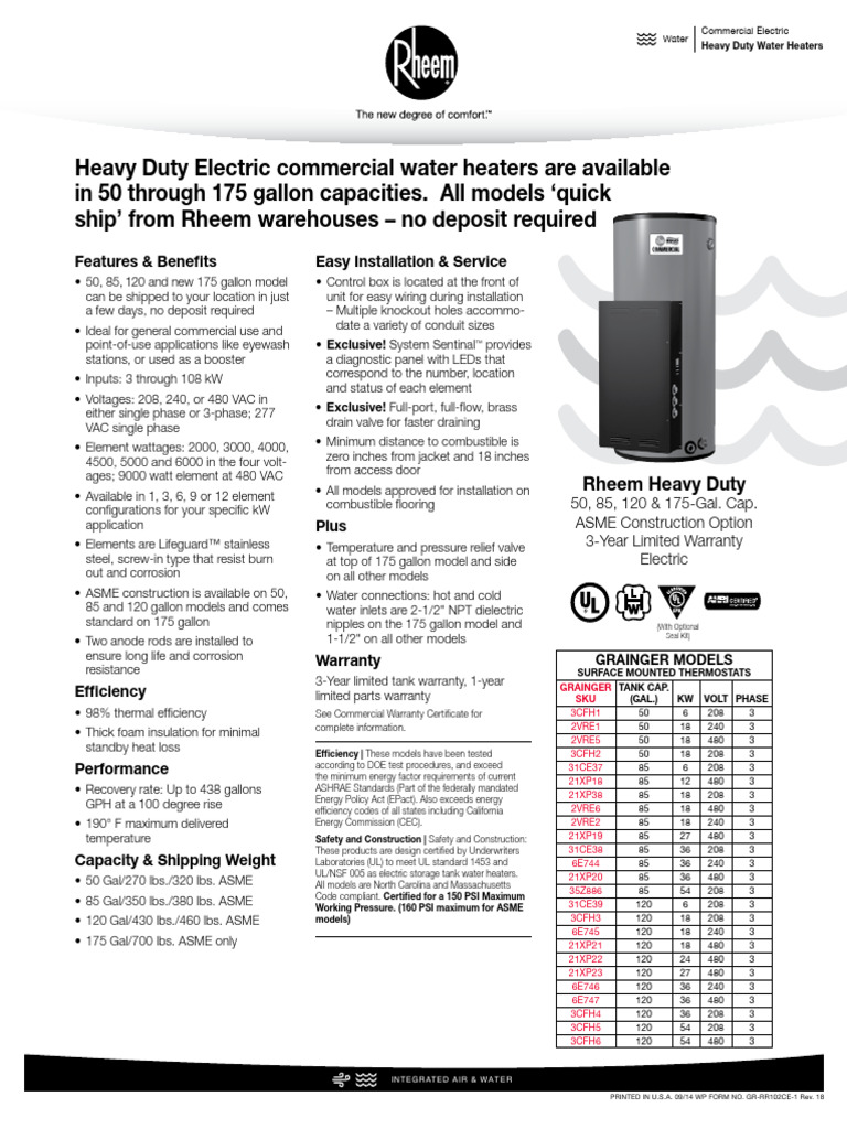 Rheem Ruud Heavy Duty Spec Sheet | PDF | Water Heating | Fuse (Electrical)