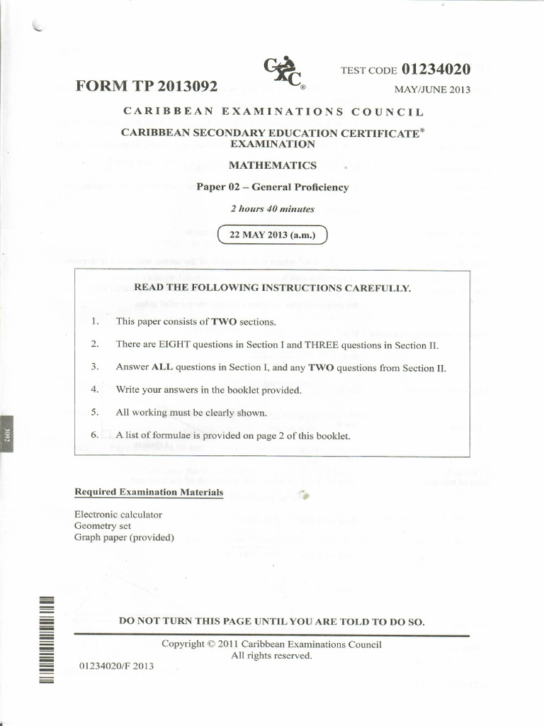CXC CSEC Many-June 2013 - Mathematics Paper 2 | PDF
