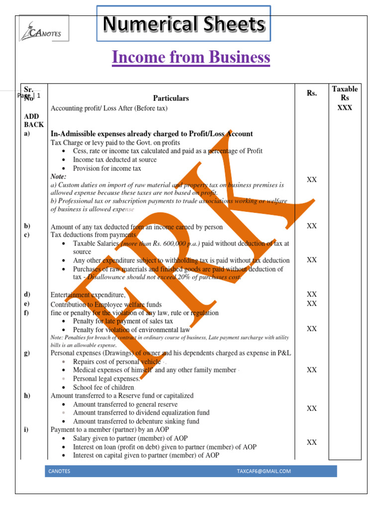 Summary Sheet Income From Business | PDF | Expense | Taxes